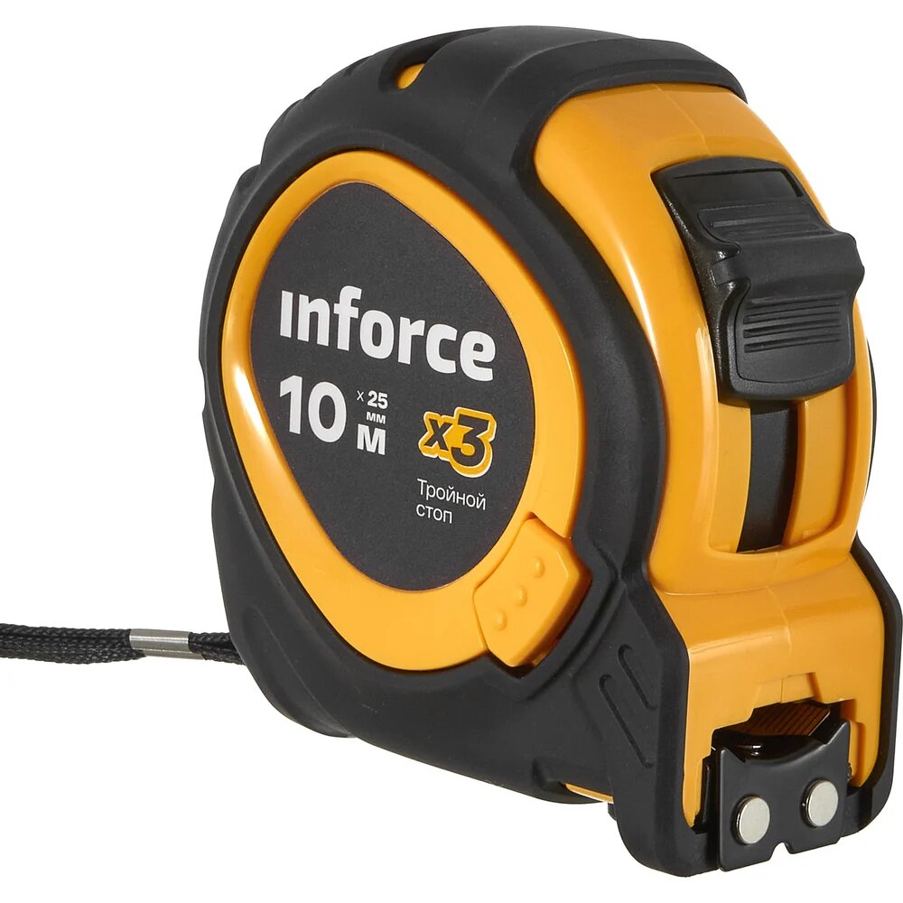 Рулетка Inforce с тройным стопом, 10х25 06-11-78, резиновая, защищенная