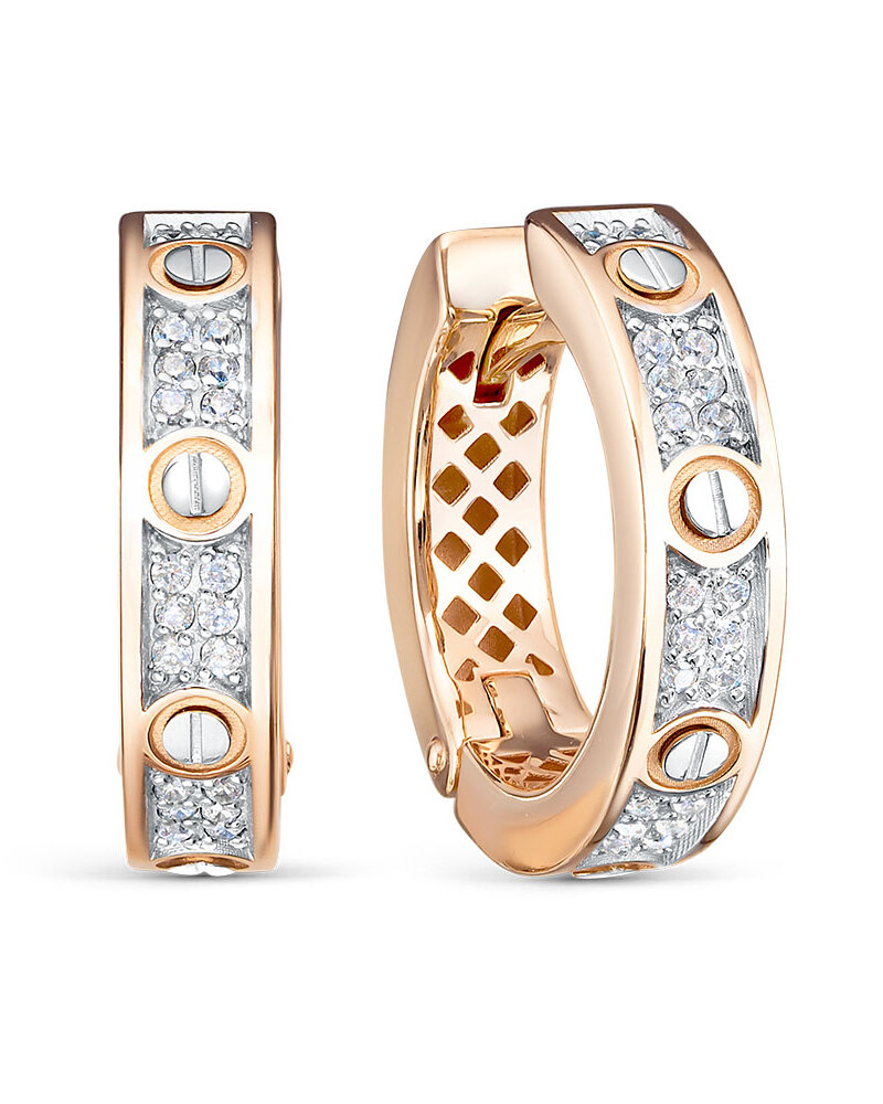 Серьги двусторонние, красное золото, 585 проба, фианит