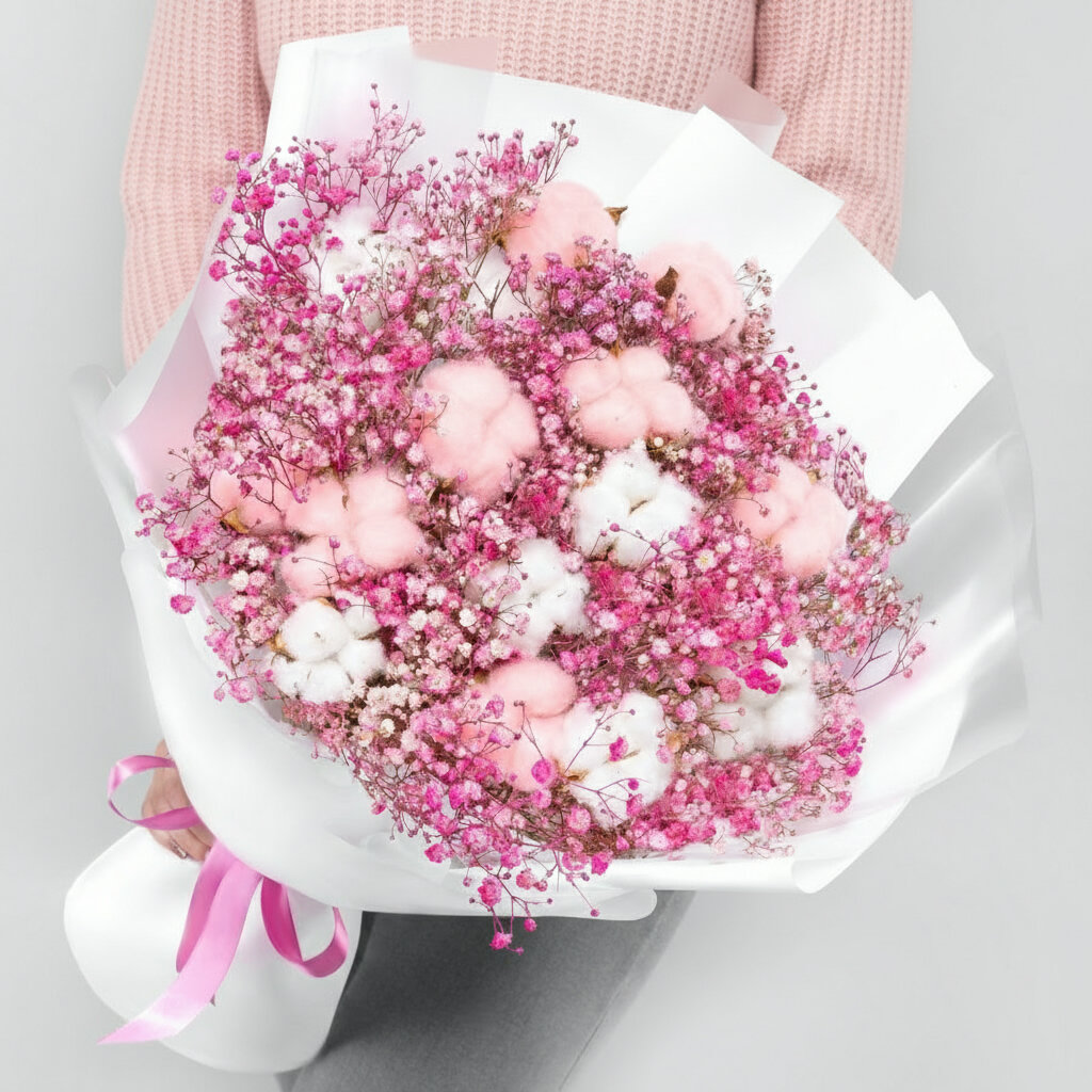 Дуо-букет Мегацвет24 "Вишневый Пирог", гипсофила и хлопок, дизайнерская упаковка