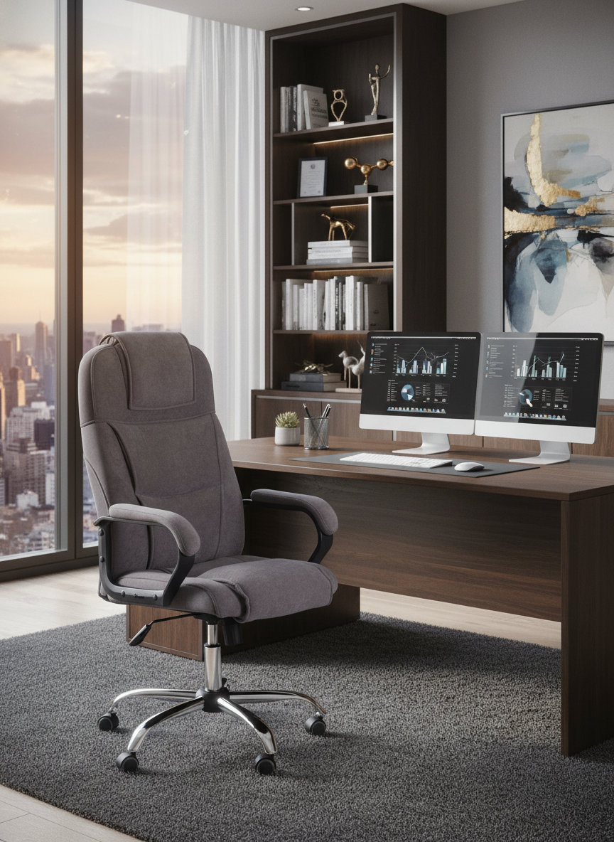 Офисное кресло TETCHAIR BERGAMO хром (22), серое, флок, регулировка высоты и наклона, мягкие подлокотники