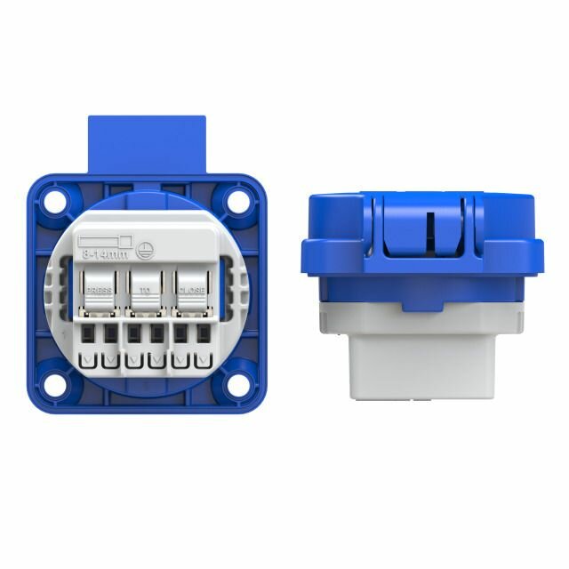 Розетка встраиваемая PCE 16А/250V-2P E-IP54, 50x50, подключение сзади, синяя, безвинтовые клеммы