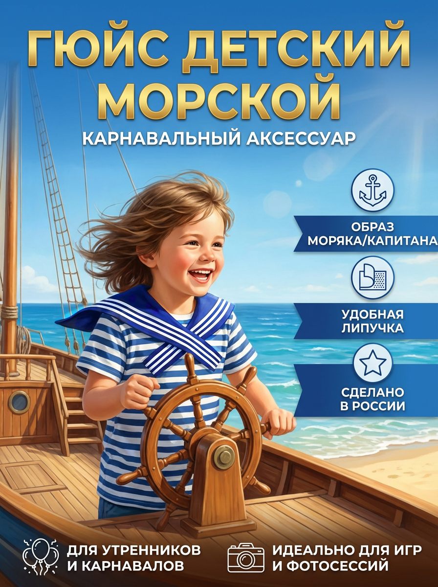 Гюйс детский морской голубой, крепление на липучке, размер 30*40 см