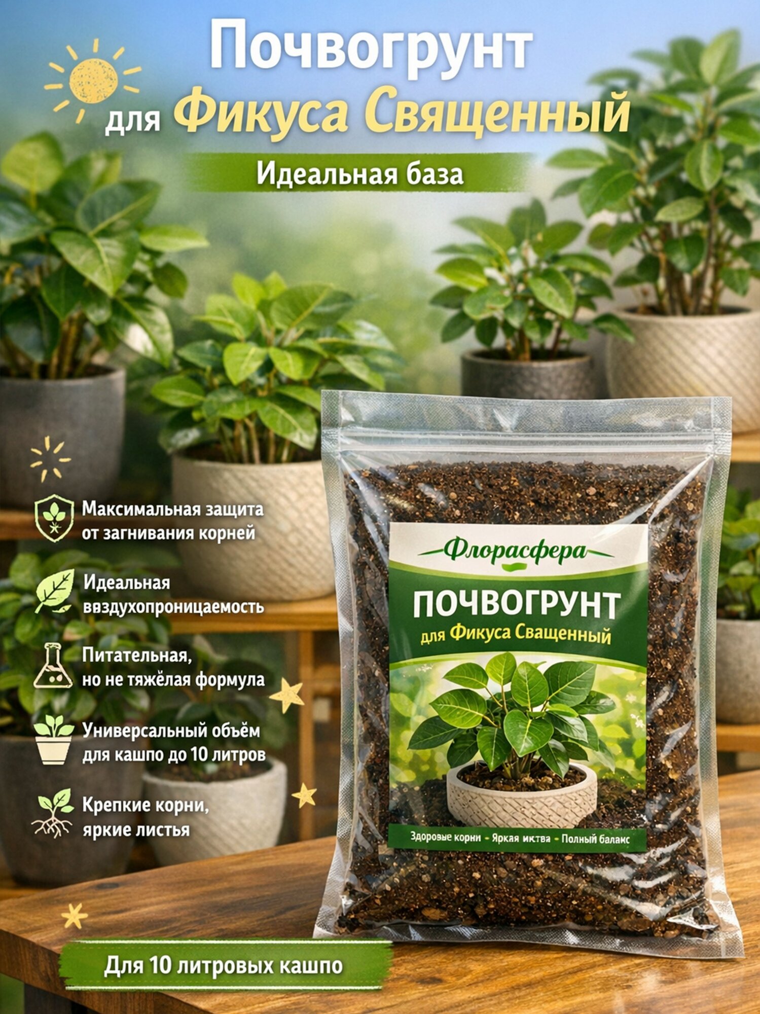 Почвогрунт БиоБаза для фикуса Священный для кашпо до 10л премиум грунт