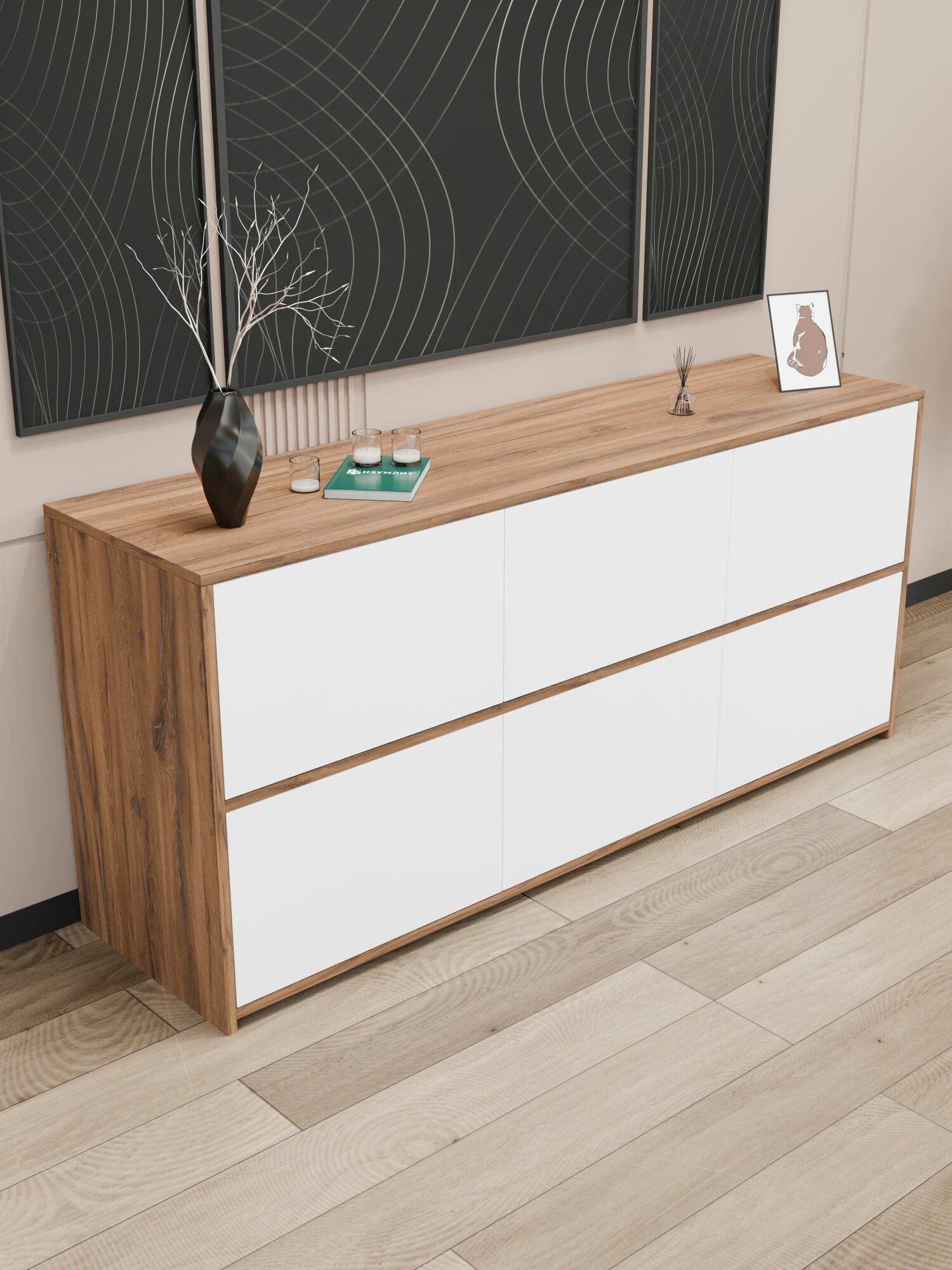 Изумлит Комод для белья и одежды Каллисто 150х66.8х40 см, дуб крафт табачный -белый