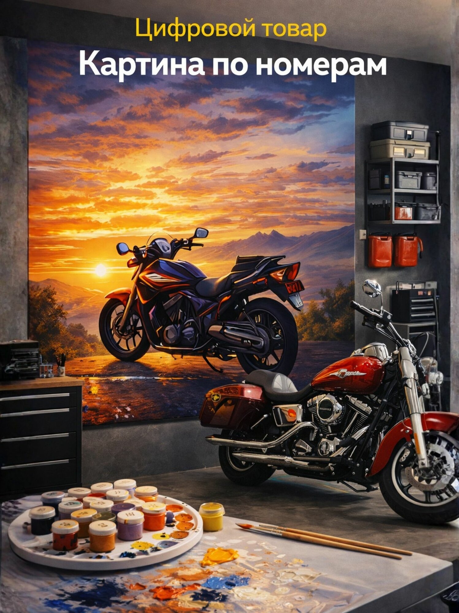 Картина по номерам "Мотоцикл в закат", на холсте, PDF-инструкция