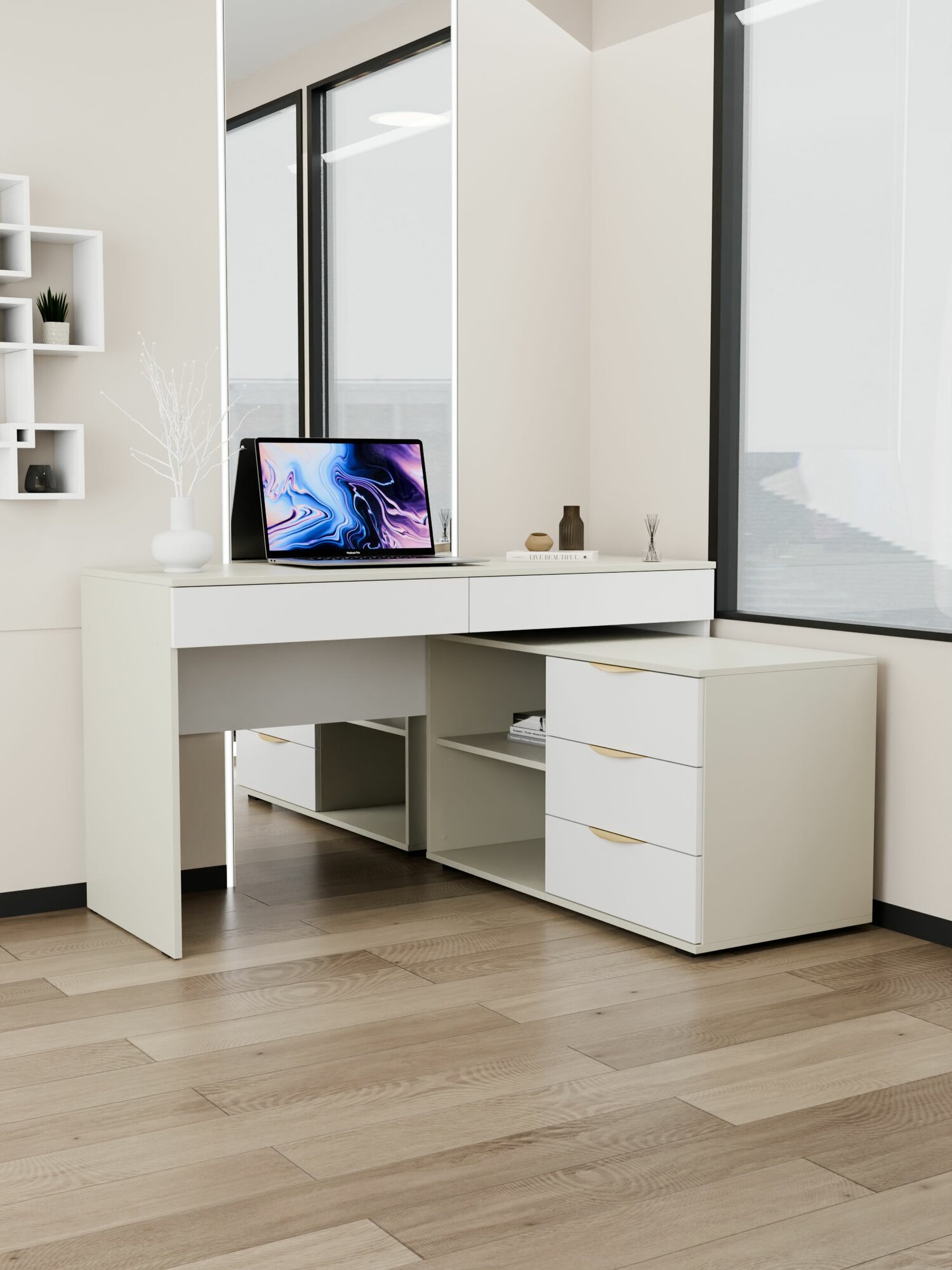 Изумлит Стол письменный с тумбой Корнер 135х52х75.5 см, бежевый-белый