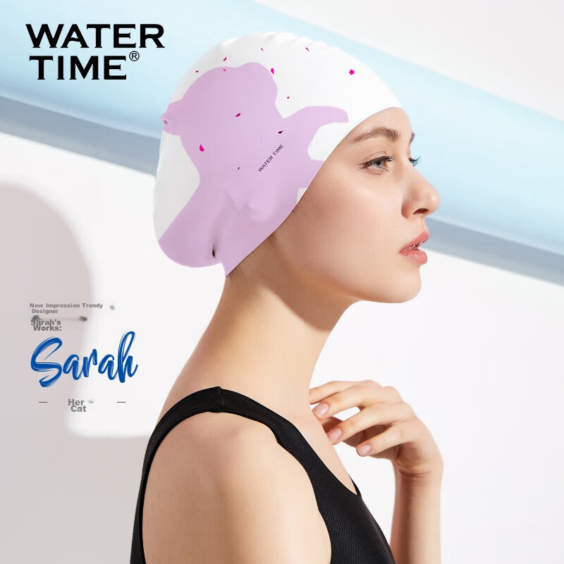 WATERTIME/Shuichuan Swimming Cap for Women, Waterproof, Non-Binding, Long Hair Specific, Cute Korean-Style, Large Size, Ear Protection, Her Cat