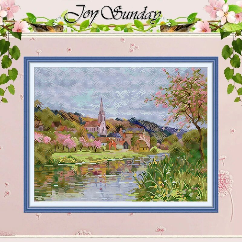 Набор для вышивки крестом "Сцена речного коттеджа" Joy Sunday 14CT blank canvas