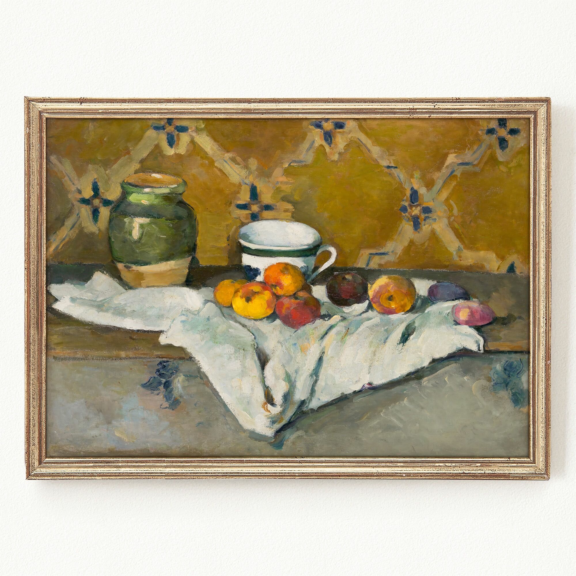 Постер "Натюрморт с кувшином, чашей и яблоками - Поль Сезанн", 21х30 см (без рамки)