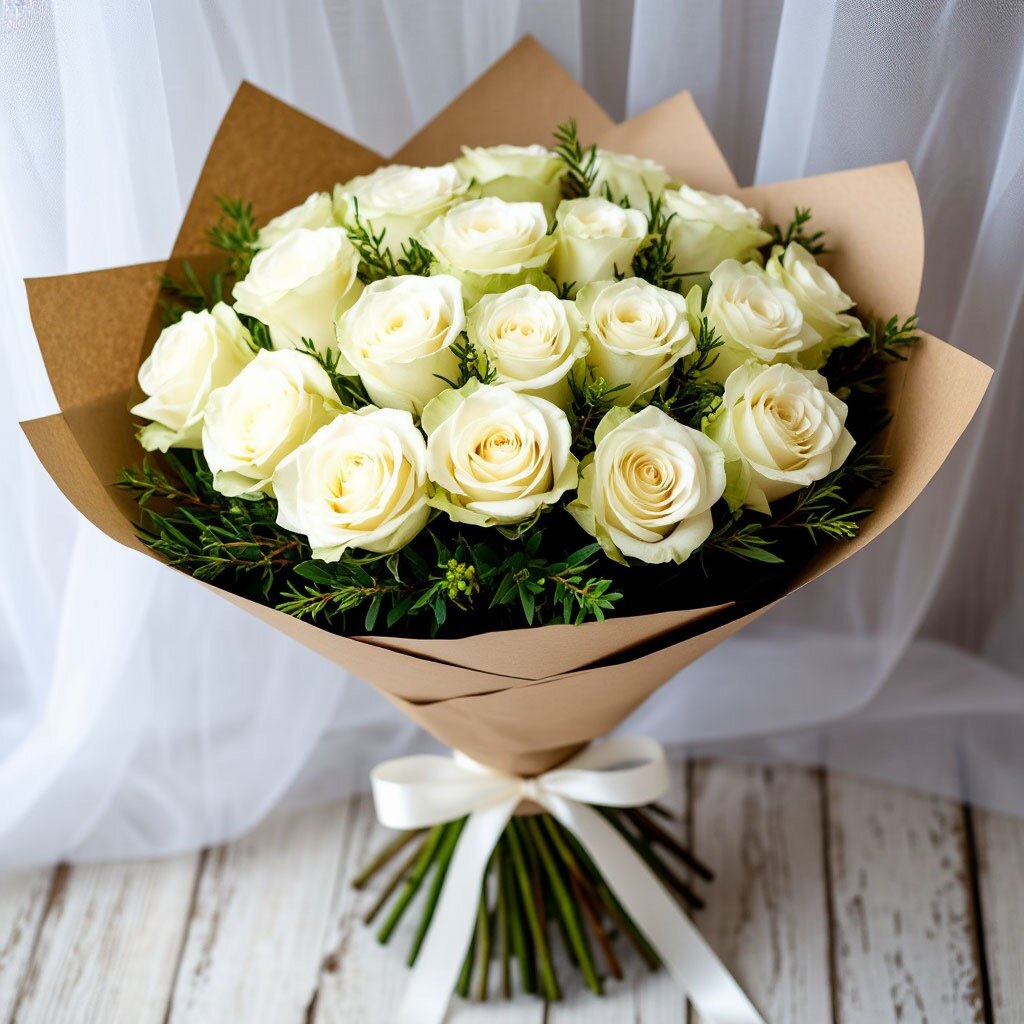 Букет из 25 белой розы, украшенной в пергаменте с добавлением веток.
