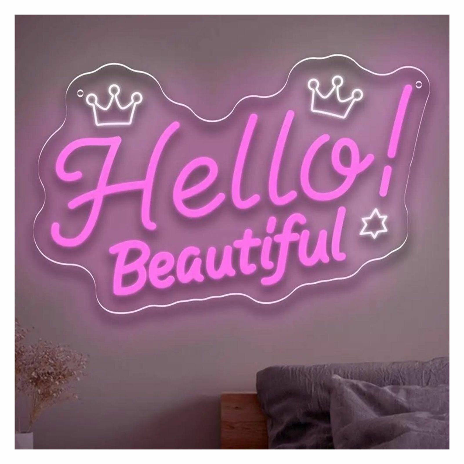 Неоновая Вывеска "Hello Beautiful" Со Звездами В Форме Короны, 40,6 См X 26,5 См