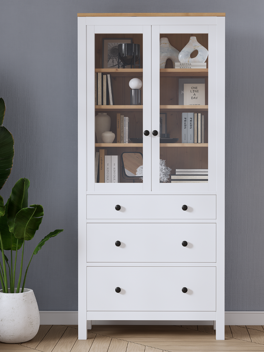 Шкаф-витрина со стеклом Хемнэс Hemnes/ Кымор, 90х198х37, 3 ящика, белый светло-коричневый