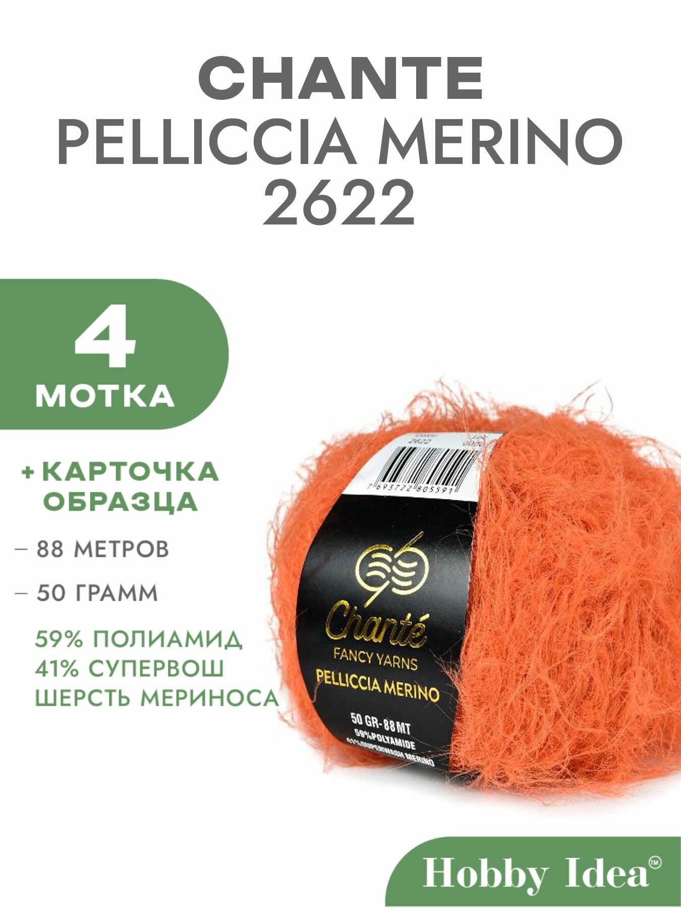 Пряжа Chante Pelliccia Merino 2622 Оранжевый 4 мотка (Пушистая пряжа Шантэ Пеллициа Мерино)