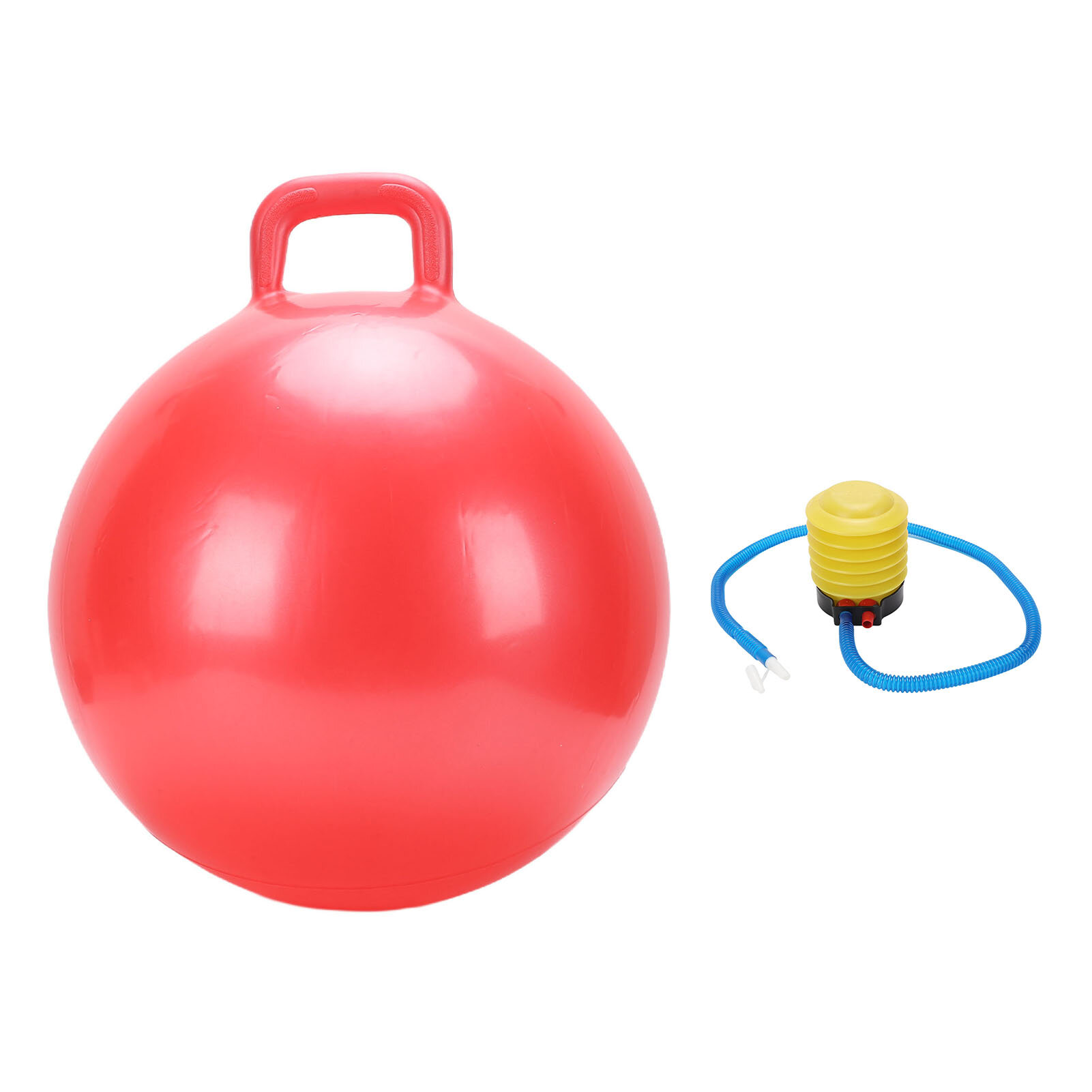 Надувной мяч для упражнений Sit On Bouncy Ball красного цвета из утолщенного ПВХ с ручкой и насосом для накачивания, подходит для использования в помещении и на открытом воздухе.