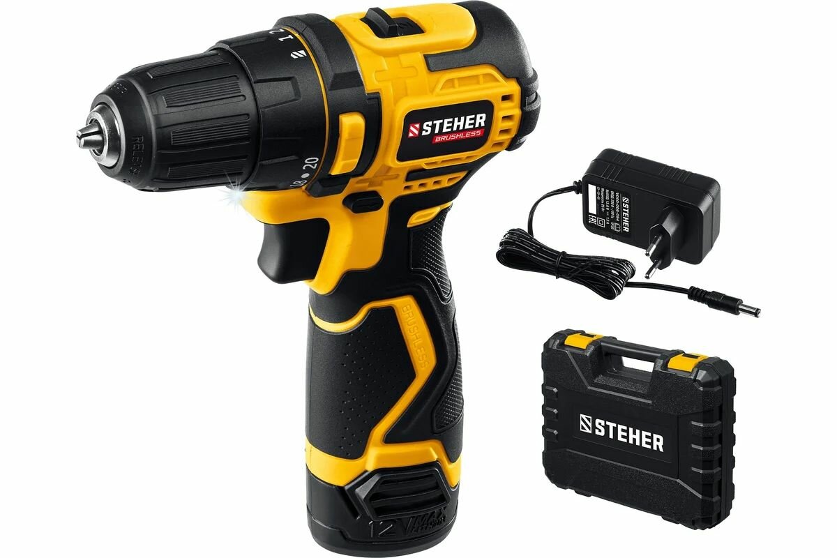 Бесщеточная дрель-шуруповерт STEHER 12 В, 35 Нм, 2 АКБ х 2 Ач, кейс CDB-120-2