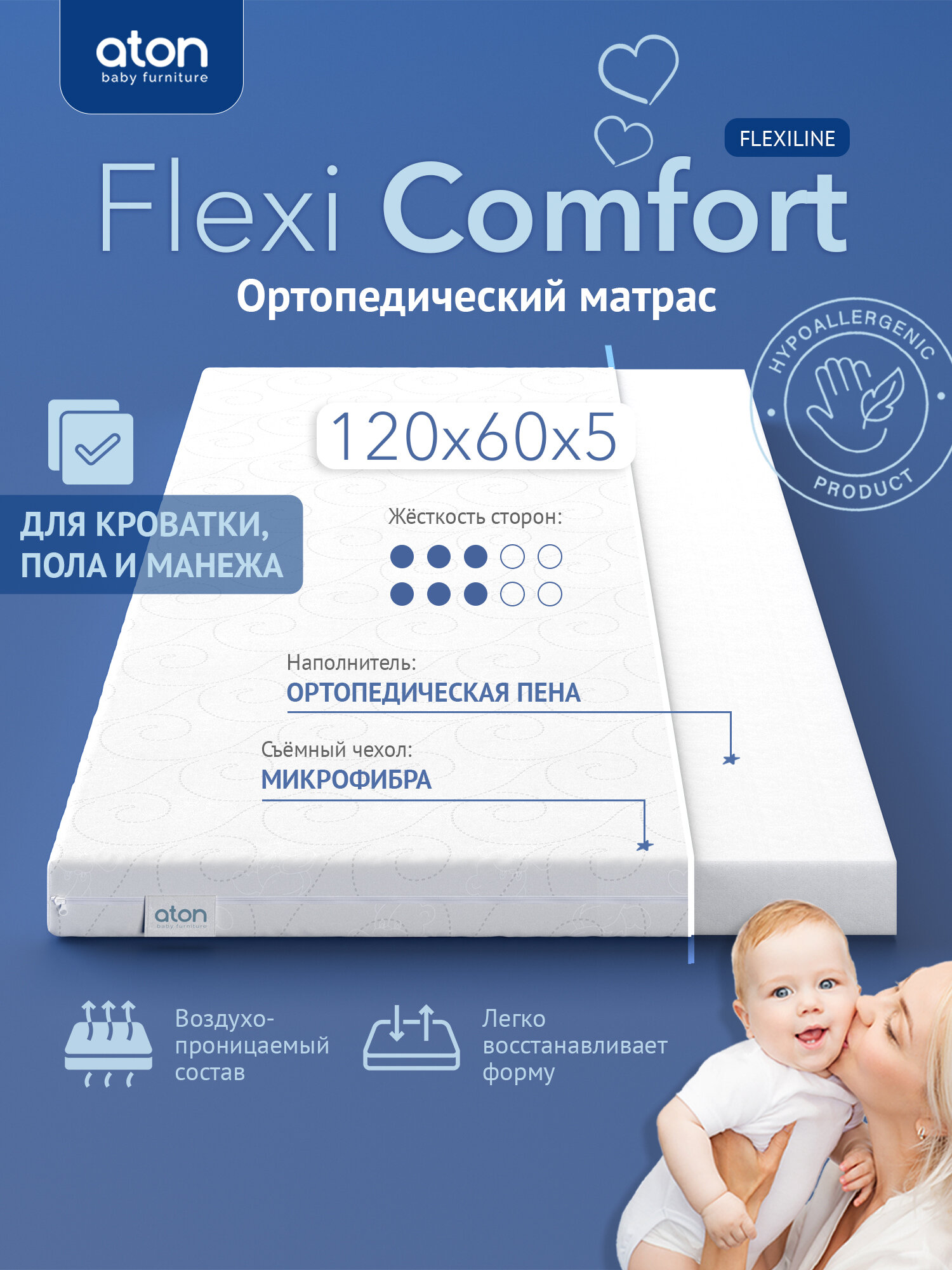 Матрас детский двухсторонний Flexi Comfort 120х60х5 для новорожденных со съёмным чехлом, наполнитель ортопедическая пена
