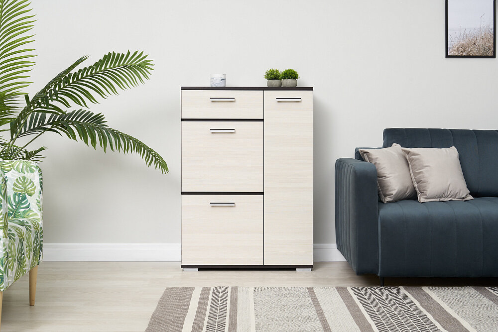 Тумба высокая обувница, 1 ящик, 3 полки, 3 двери, Ника, 80х111.5х35.4 см, ЛДСП, Венге / Дуб Лоредо