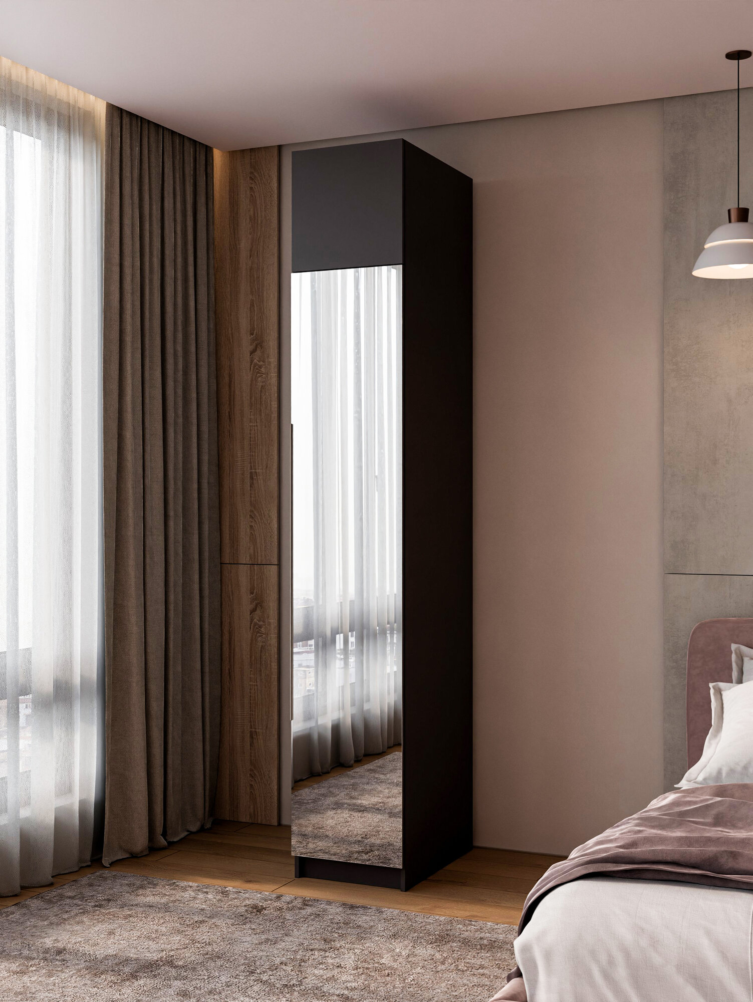 Шкаф-пенал Шегги|Корпус ЛДСП Графит|Фасад ЛДСП Графит+Зеркало