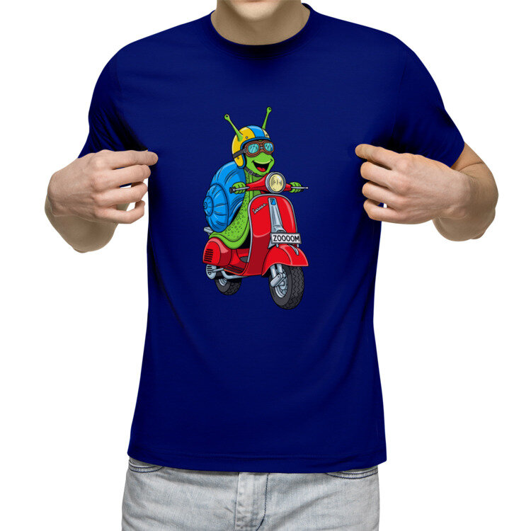 Мужская футболка «Веселая улитка на скутере» (синий, 2XL)