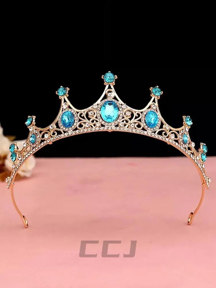 Диадема 1 шт. Золотая корона для девочки с голубыми камнями на праздник