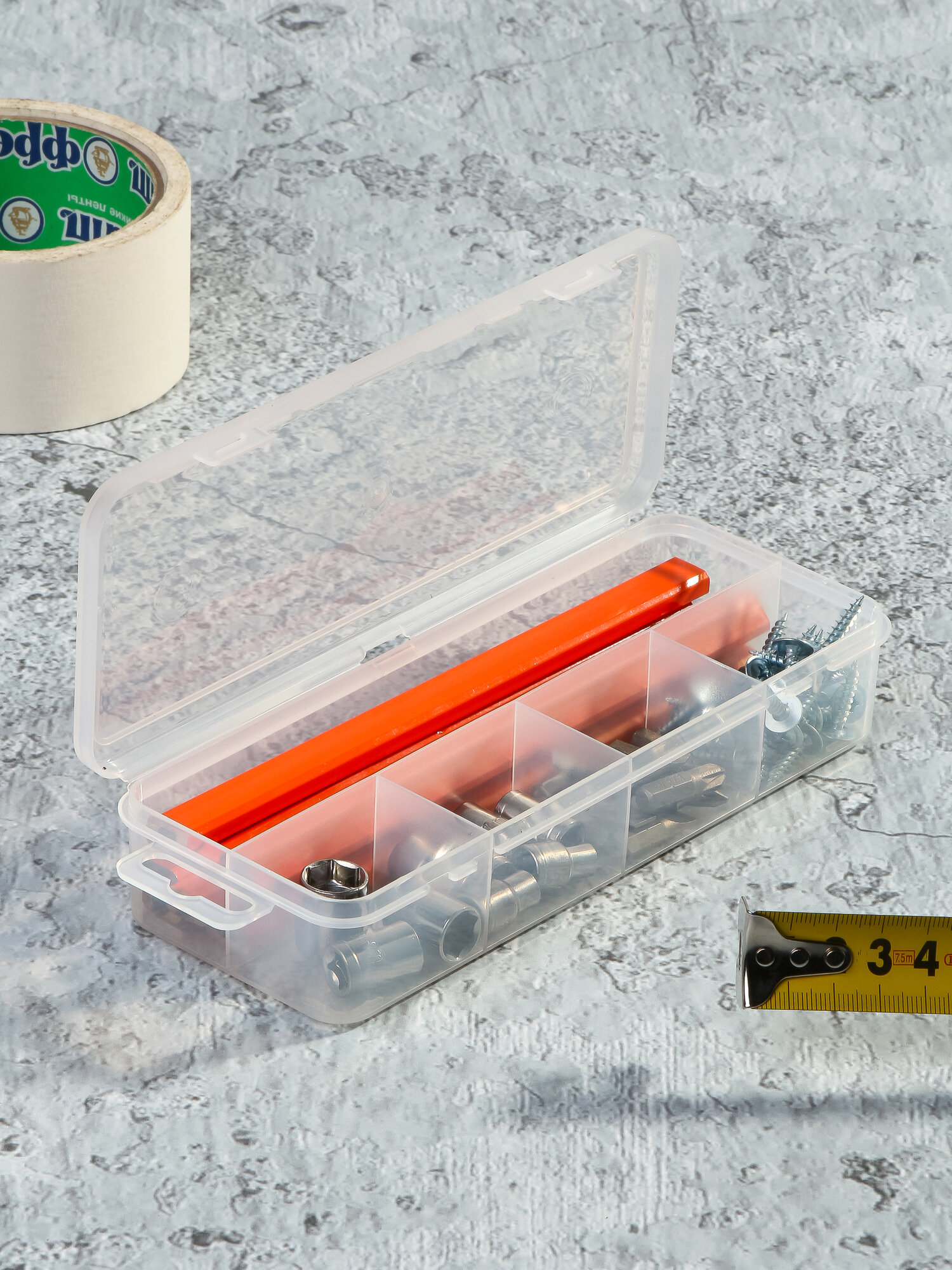 Ящик-органайзер Bartex 20х8х3.5 см для хранения инструментов и метизов, 5 отсеков, прозрачный пластиковый контейнер