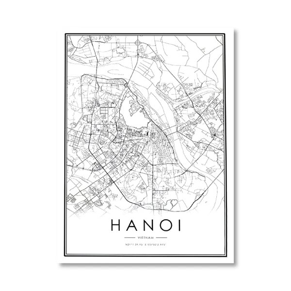 Карта Ханоя на холсте, 13x18 см, Белый, PB687, Без рамки