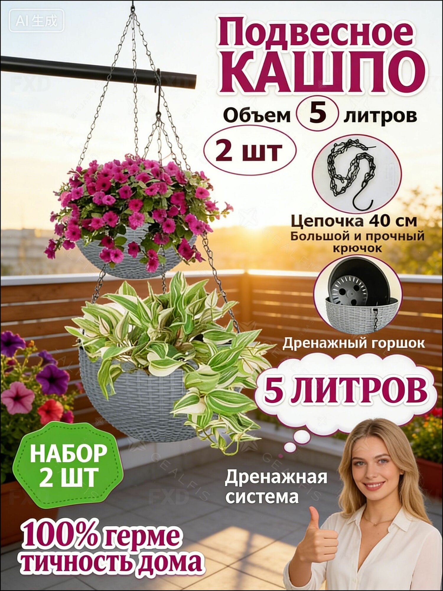 Эксклюзивный комплект из двух подвесных кашпо по 5 литров в темносером цвете, оснащенных цепью и дренажным отверстием для уличного озеленения