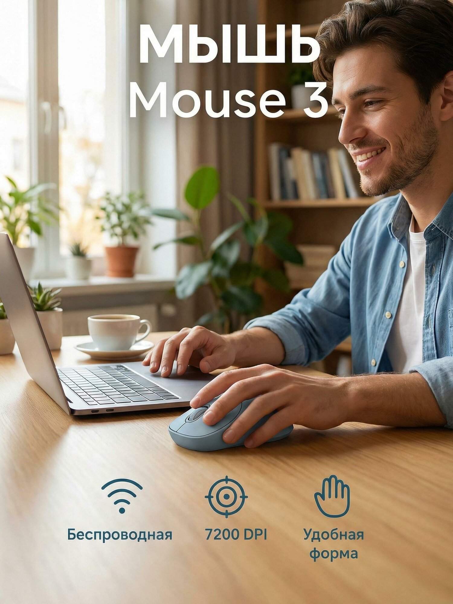 Беспроводная мышь Xiaomi Mouse 3 голубой (XMWXSB03YM) CN, легкая, с высоким разрешением 1600 dpi.