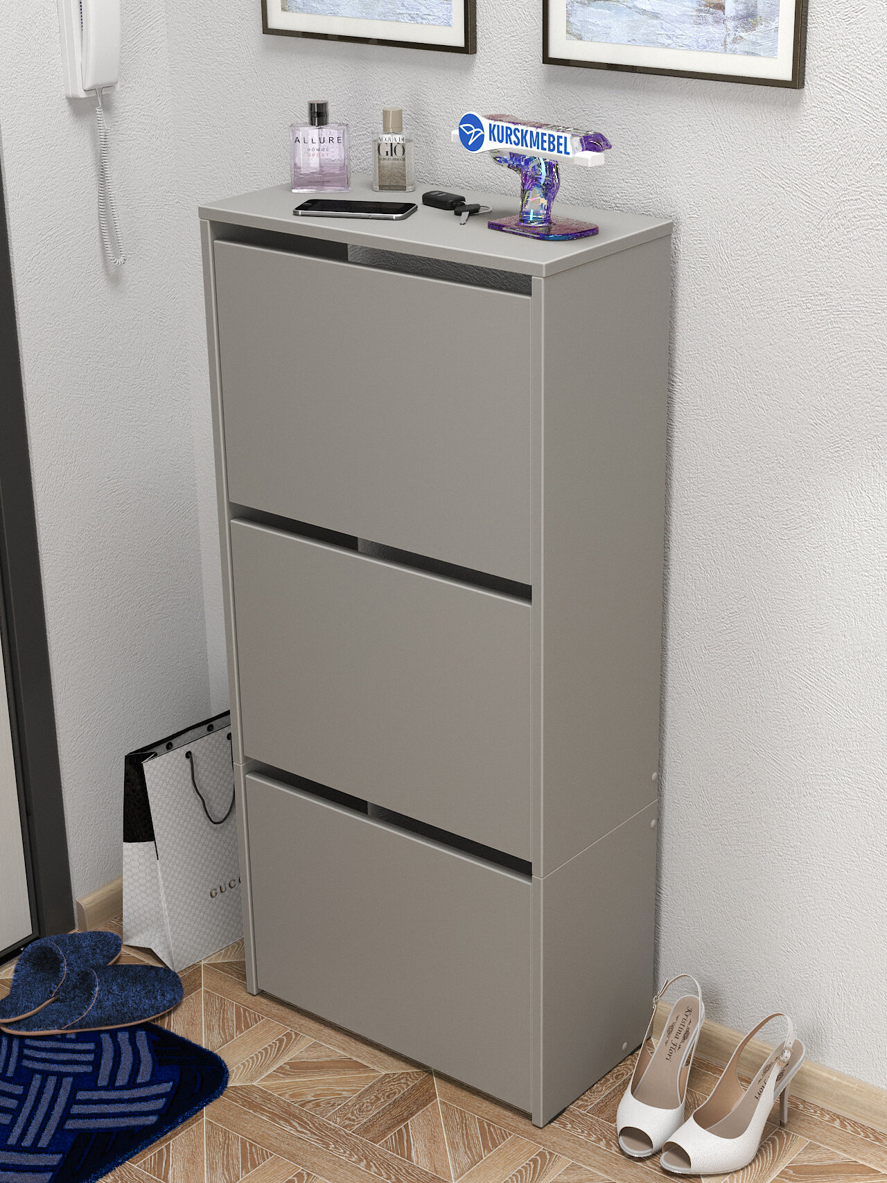 Обувница Курскмебель №15, ЛДСП, откидные двери, серая, 51,3х110,7х25,2 см