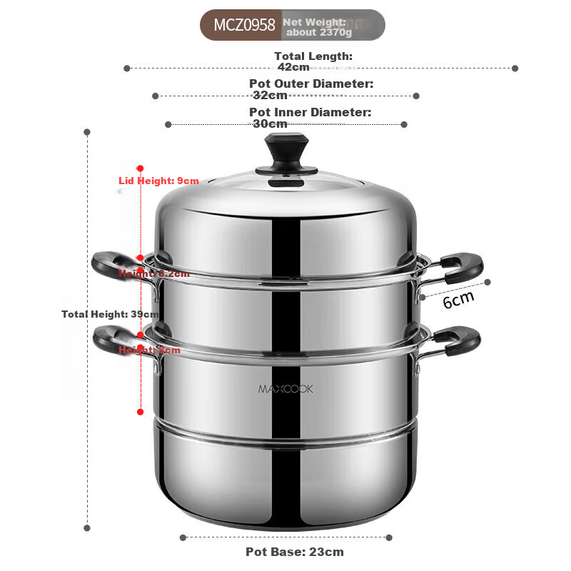 MAXCOOK Стальной пароварка 32 см с толстым дном для газа и индукции Цвет：3-секционная конструкция 32 см
