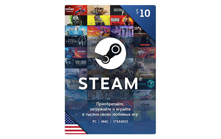 Карта оплаты Steam 10 USD USA (Steam Wallet (US); Mac, PC, SteamOS + Linux; Регион активации США)