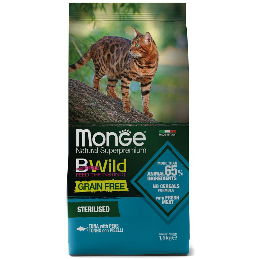 Сухой корм для стерилизованных кошек Monge Cat BWild Grain Free, беззерновой, с тунцом и горохом 1,5 кг