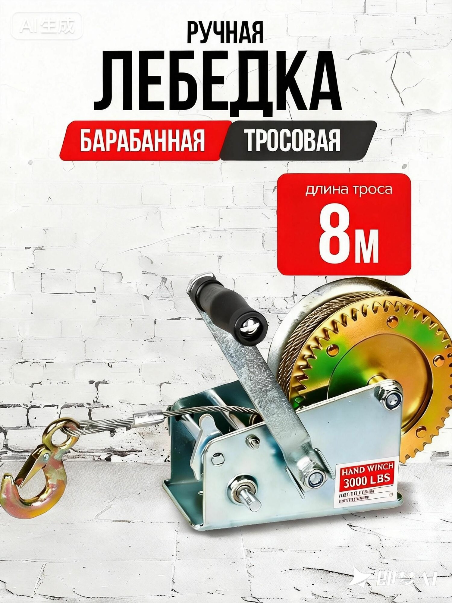 Лебедка Jiubang, ручная, барабанная, автомобильная, лодочная, 8м