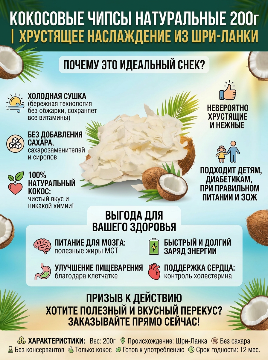 Кокосовые чипсы натуральные 200 г без добавок