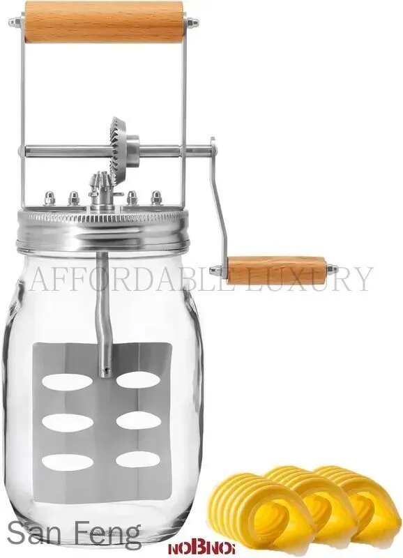 Маслобойка ручная механическая для приготовления домашнего сливочного масла из сливок, стеклянная банка