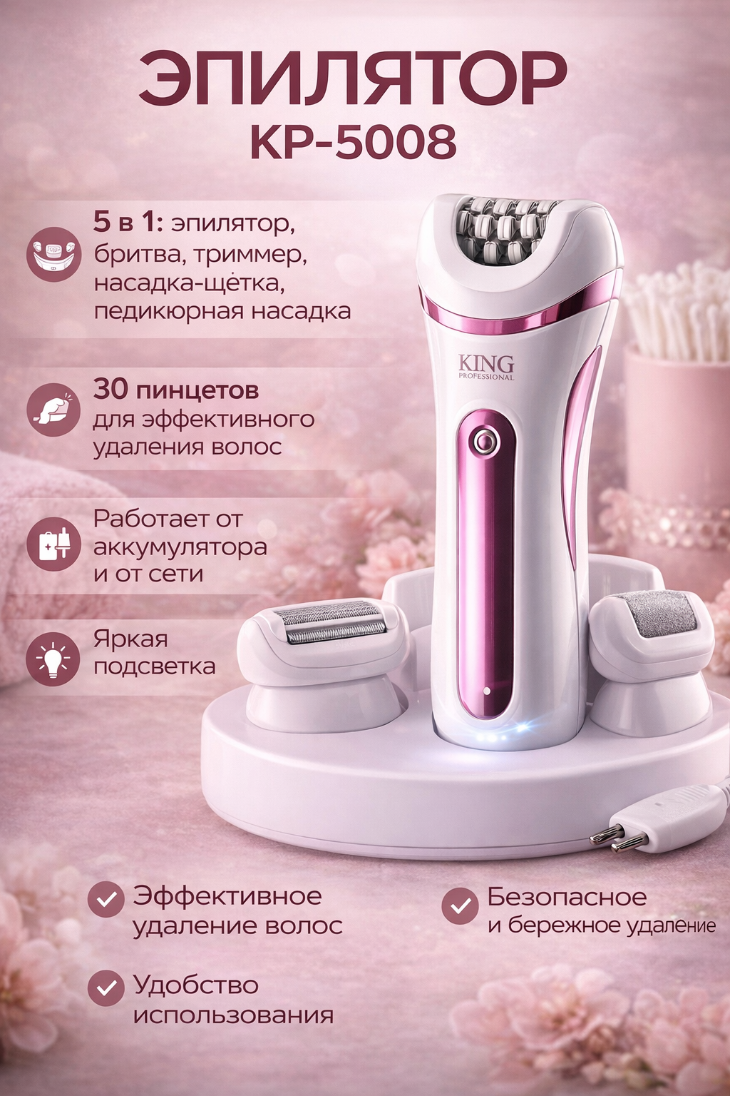 Эпилятор женский 5 в 1 KP-5008 для удаления волос с насадками — ElektroBit