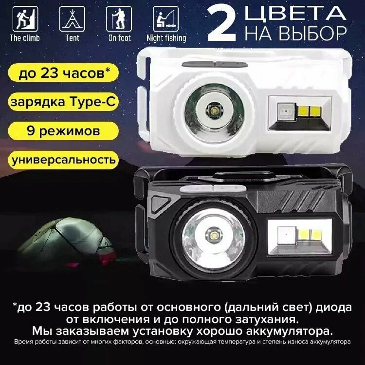 Фонарь налобный и ручной, 3в1, сенсорный светодиодный фонарик с магнитом, на козырек кепки, белый / красный / зеленый и синий свет, черный