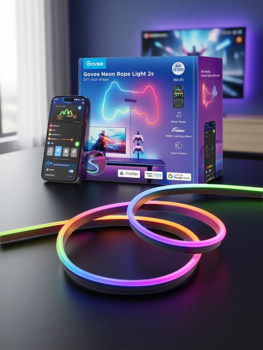 Светодиодная лента RGB Govee Neon Rope Strip Light 2 H61D4C11, умная LED подсветка 4 метра