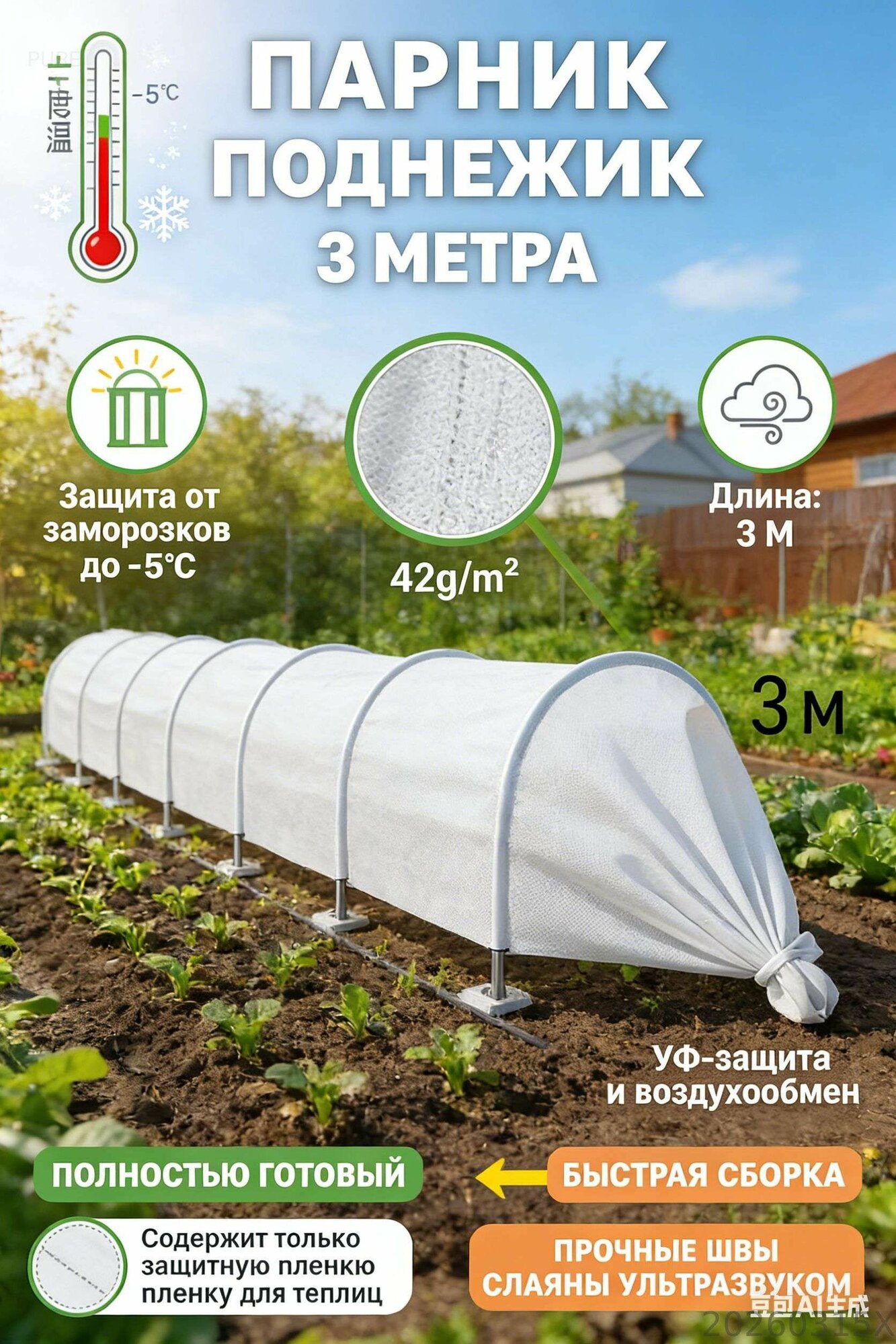 Пленка для покрытия арочной теплицы, 3 м, из спанбонда плотностью 42 г/м2, используется в качестве укрывного материала для защиты теплицы от мороза и солнца