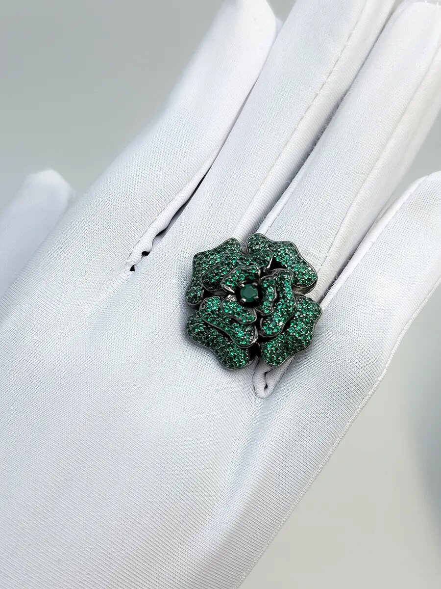 Кольцо, серебро, 925 проба, чернение, изумруд синтетический, изумруд