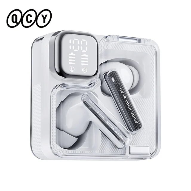 Беспроводные наушники QCY MeloBuds Neo, Bluetooth 5.3, светодиодный индикатор заряда батареи, TWS-наушники, прозрачные, двойное подключение.