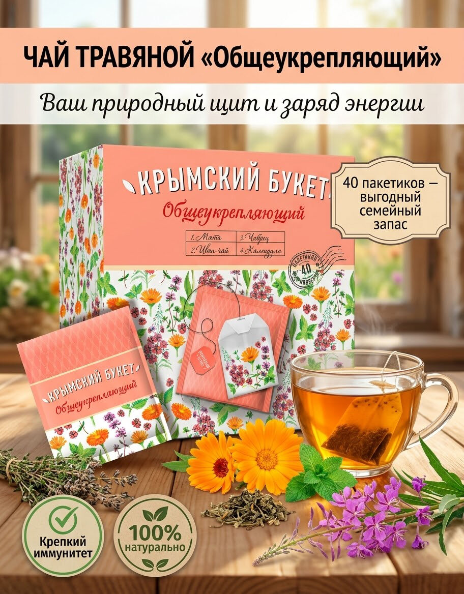 Чай травяной в пакетиках Общеукрепляющий 40 шт / Крымский букет / Фиточай для иммунитета / Иван-чай и чабрец