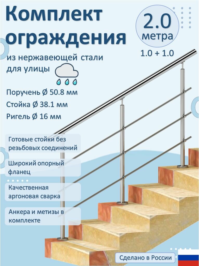 Перила для лестницы натеко, составное ограждение 2 м. из Нержавеющей Стали AISI 304, поручень 50.8 мм, из нержавейки для Улицы