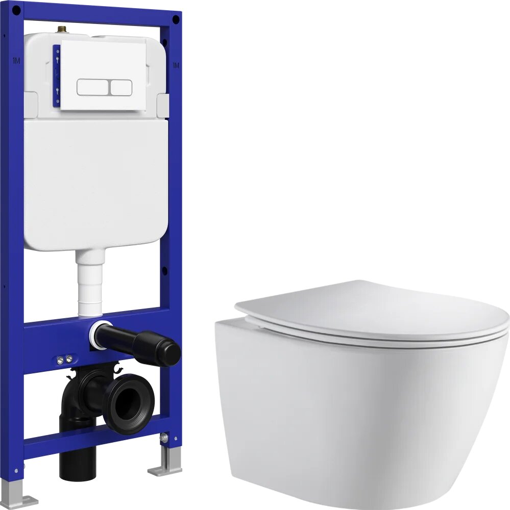 Комплект 5 в 1 Унитаз подвесной Orange C07 C07-150W / Инсталляция с кнопкой STWORKI Кронборг S28500WH / Крышка-сиденье, Комплект шумоизоляции