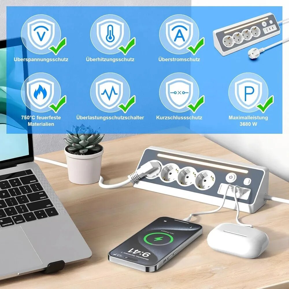 Многофункциональная розетка с 4 розетками и 3 USB портами, Белого цвета — фото 1