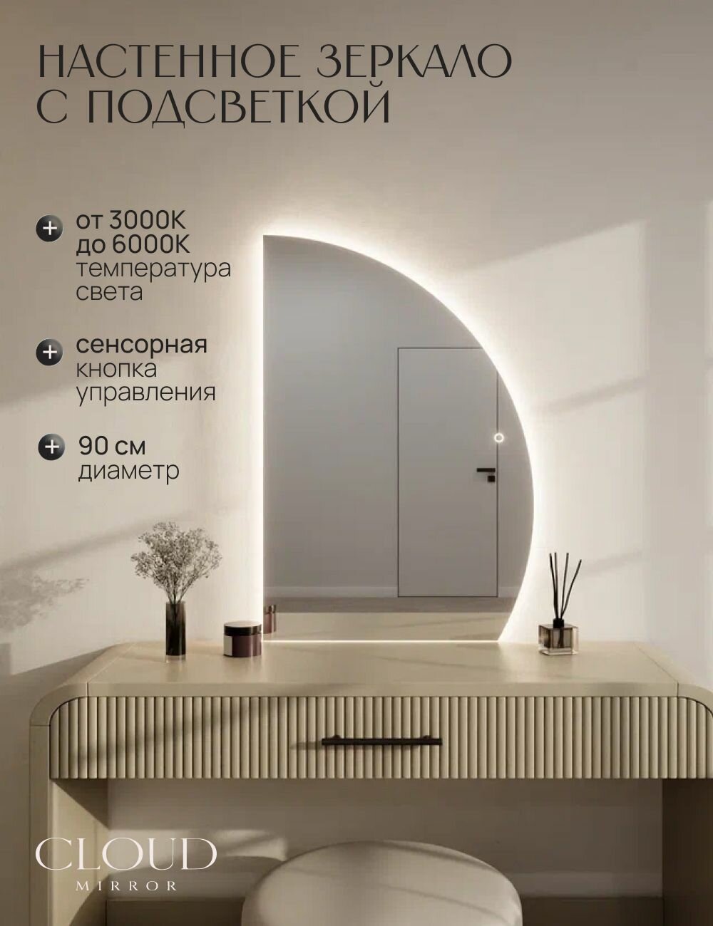 Зеркало настенное 90х60 см. CLOUD MIRROR М10 правая сторона фигурное сенсорное