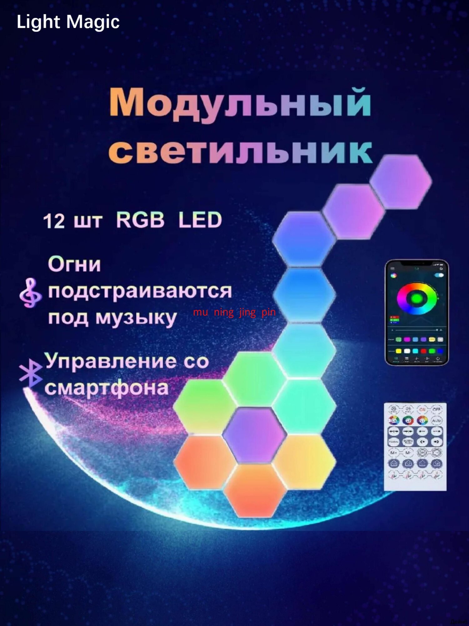 Светильник настенный модульный (набор 10 шт). Умная светодиодная панель DIY. Ночник в форме Шестиугольников (Соты), с управлением через приложение, пульт