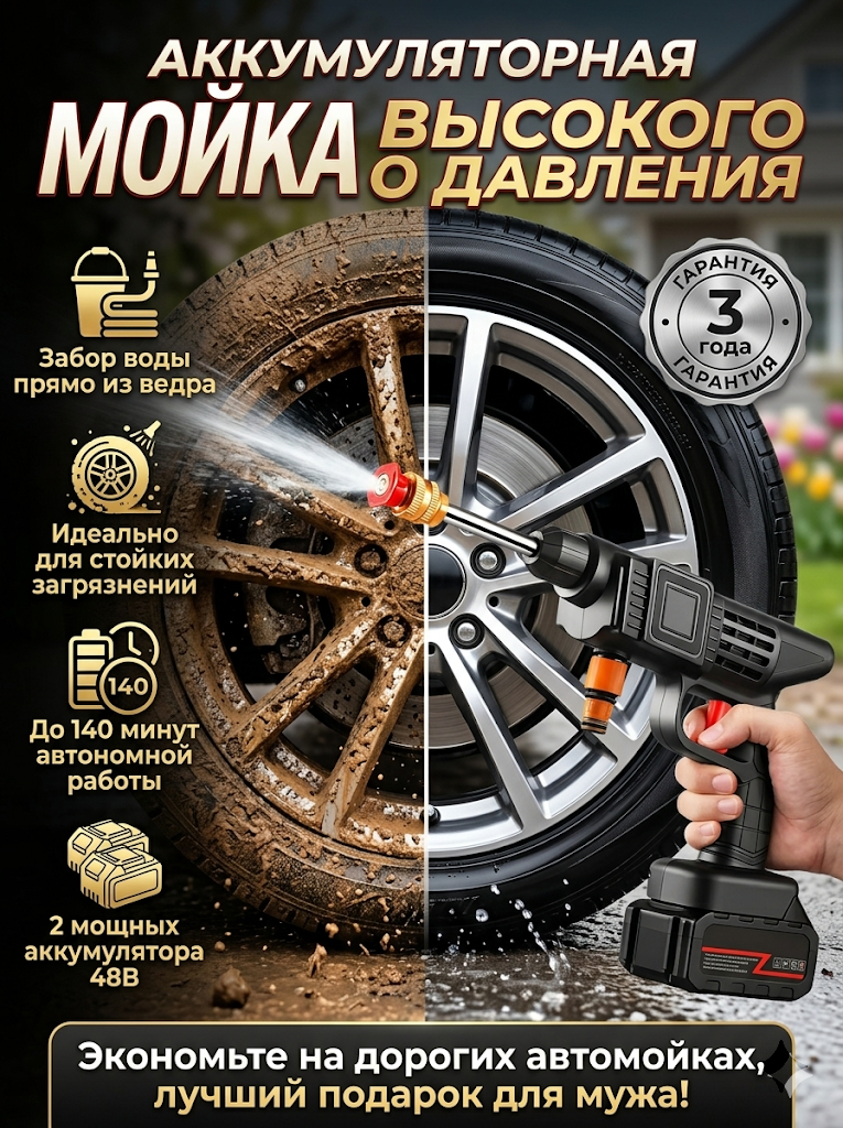 Мойка высокого давления HIOMEE, 1000Вт, портативная, аккумуляторная, с фильтром, в кейсе