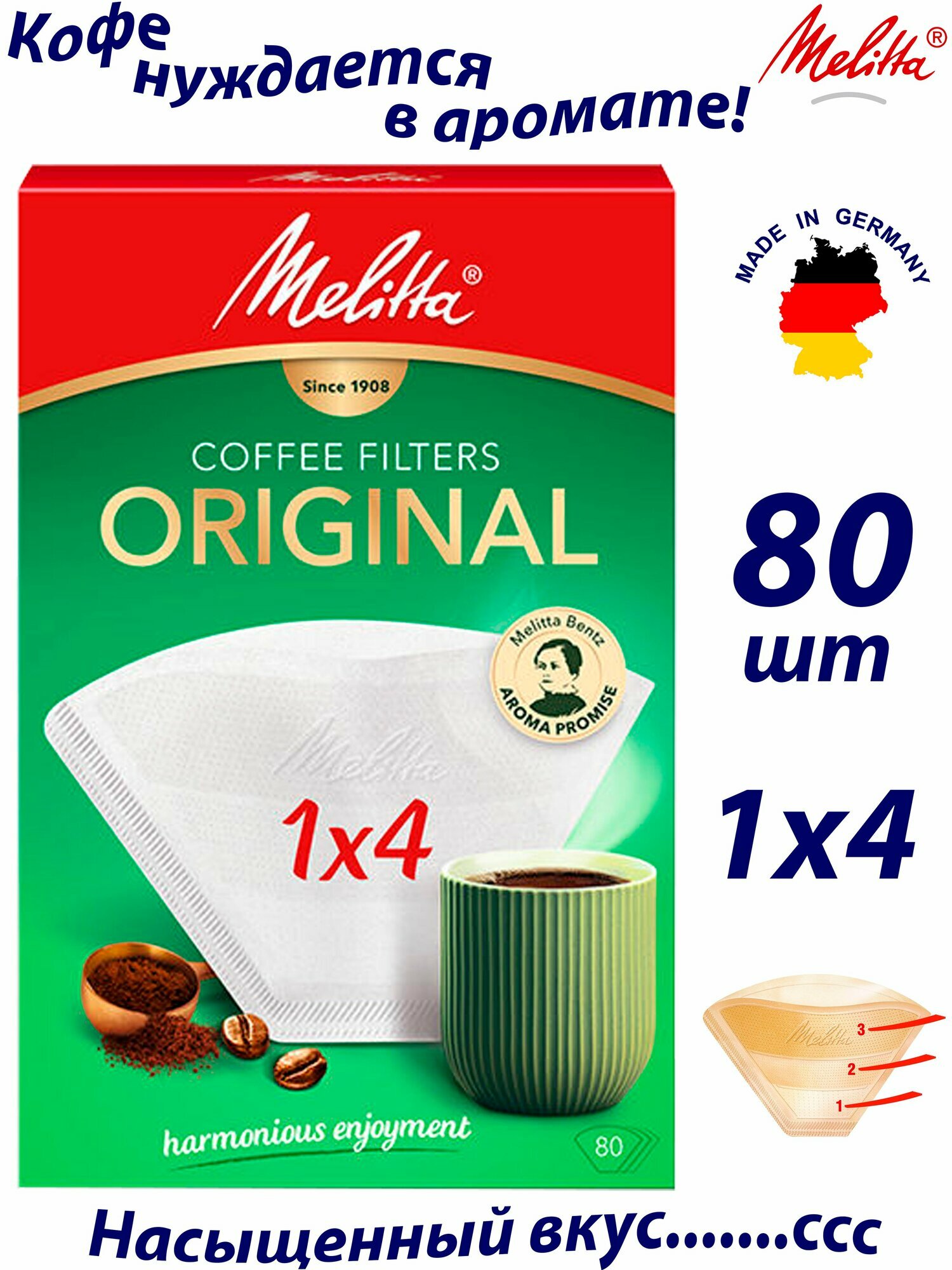 Фильтры бумажные для заваривания кофе 1х4/80 Ориджинал белые MELITTA