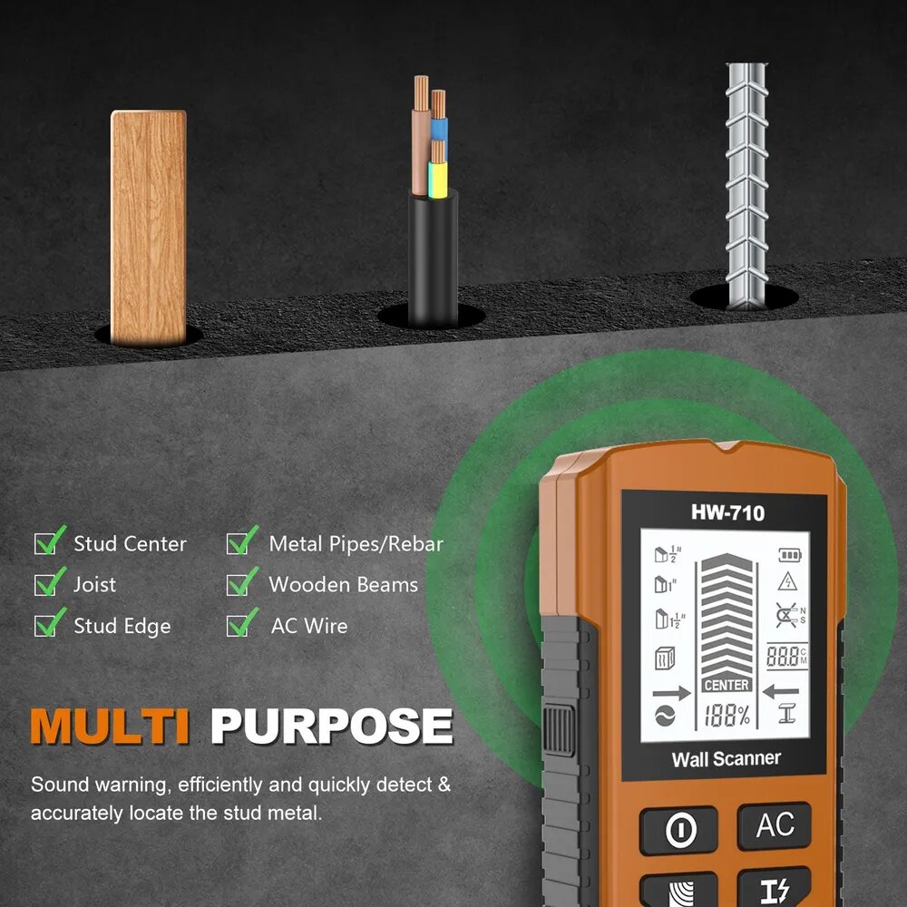 HW-710 Wall Scanner Многофункциональный детектор для обнаружения деревянных/металлических шпилек, труб, проводов — фото 1